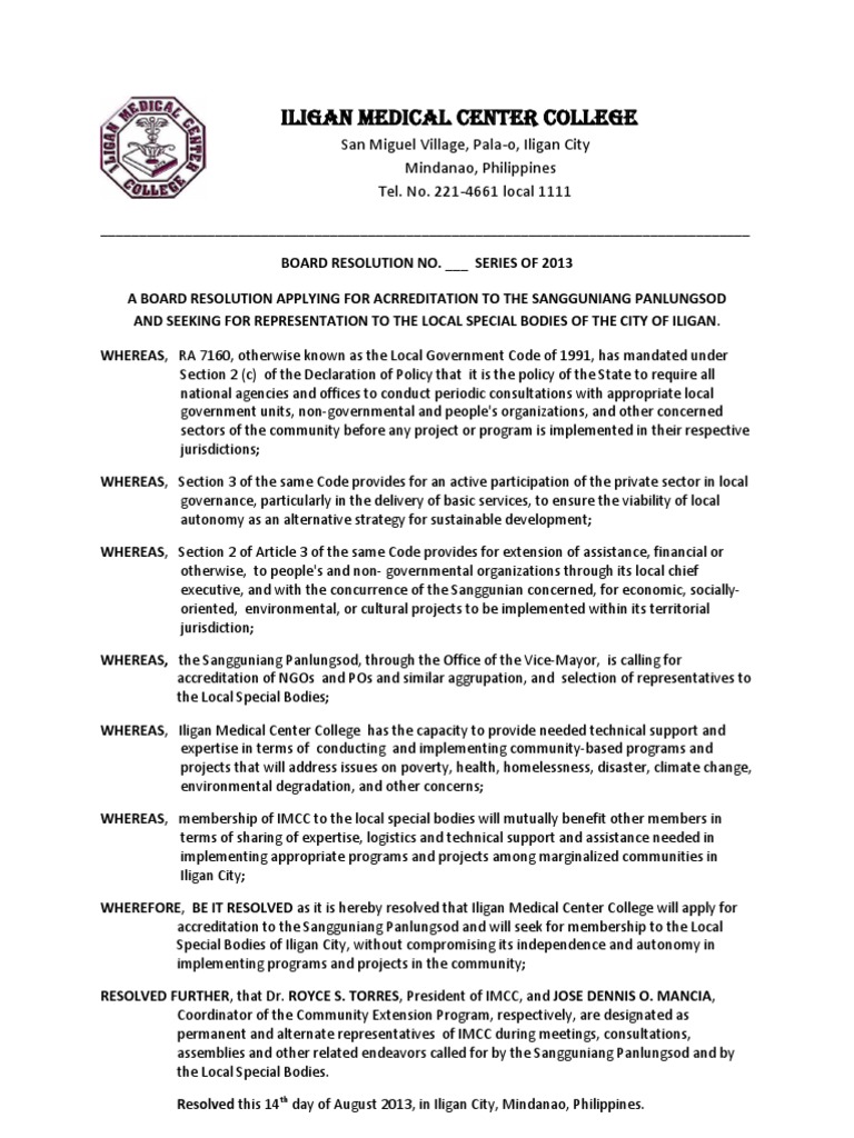 Board Resolution for Accreditation Application | PDF | Non Governmental ...