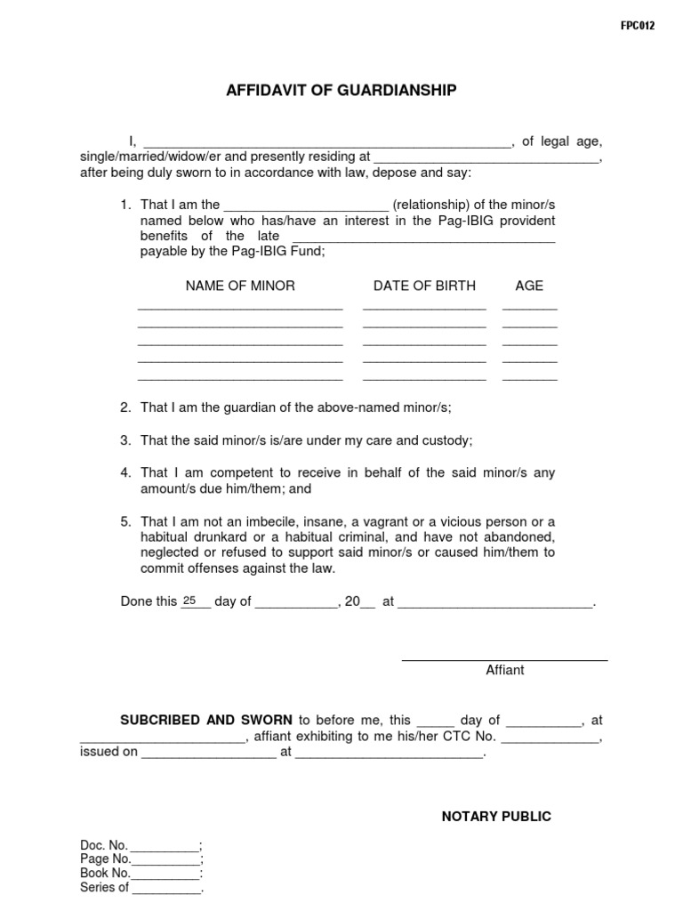 Pag Ibig FPC012 Affidavit of Guardianship - F PDF | PDF