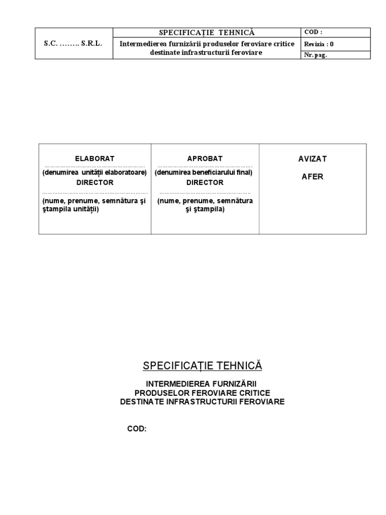 Model Specificatie Tehnica Intermediere Produse Feroviare Critice | PDF