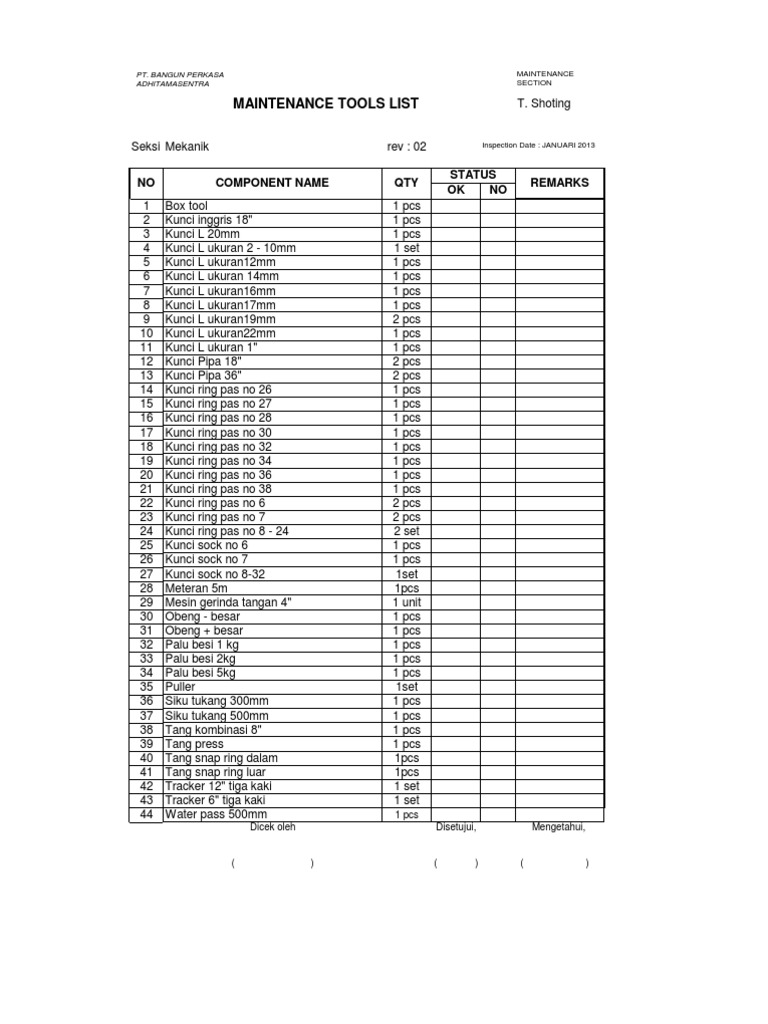 Maintenance Tools Inventory List | PDF