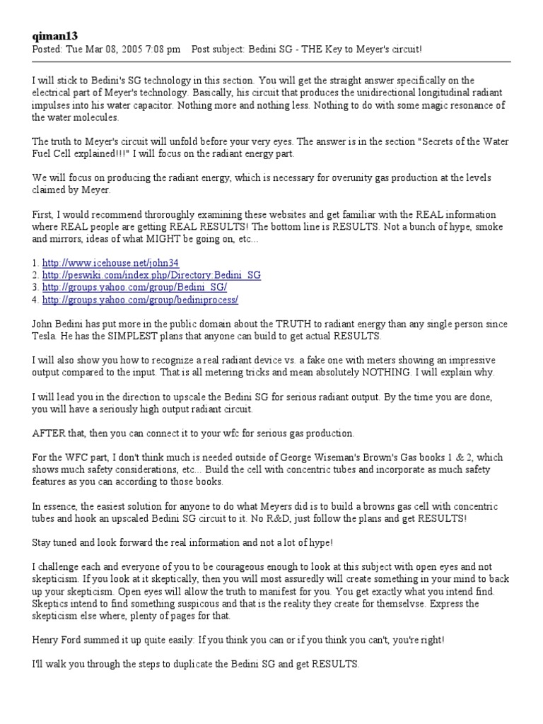 Bedini SG - The Key To Meyers Circuit | PDF | Electric Motor | Inductor