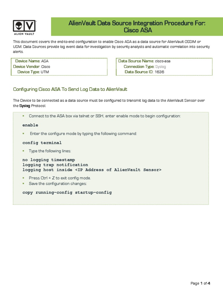 Alienvault Data Source Integration - Cisco ASA | PDF | Secure Shell | Command Line Interface