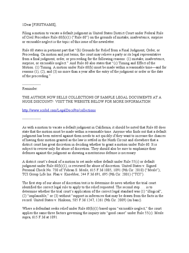 Vacating A Default Judgment Under Rule 60 (B) (1) in United States ...