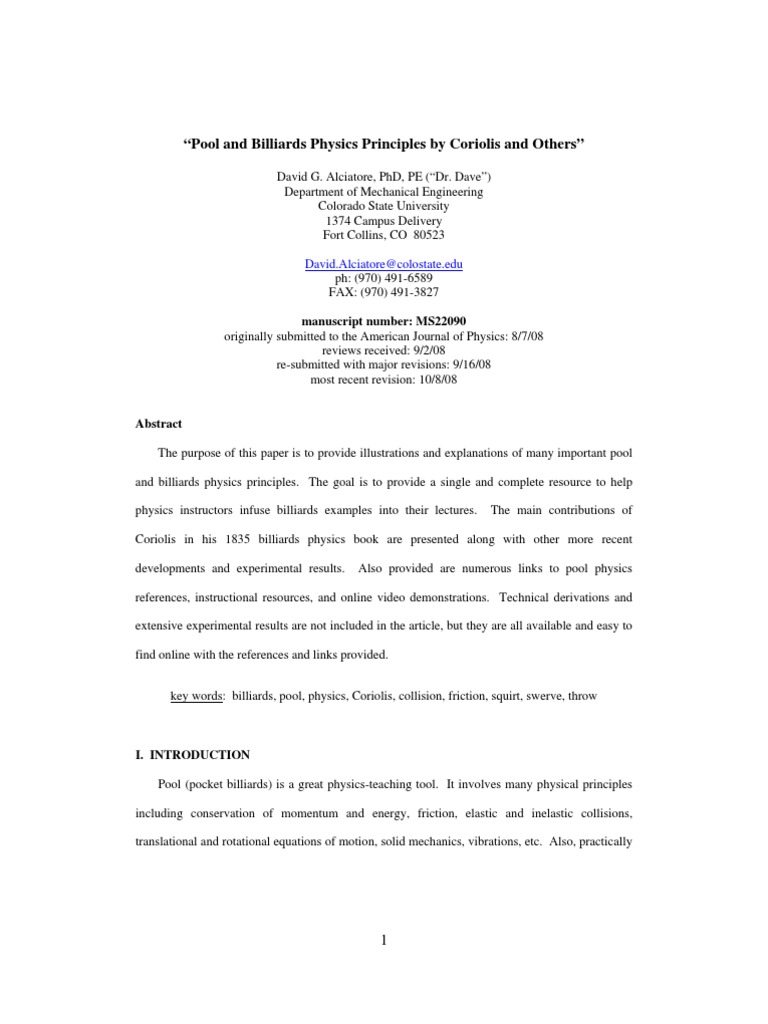 Pool and Billiards Physics Principles by Coriolis and Others ...