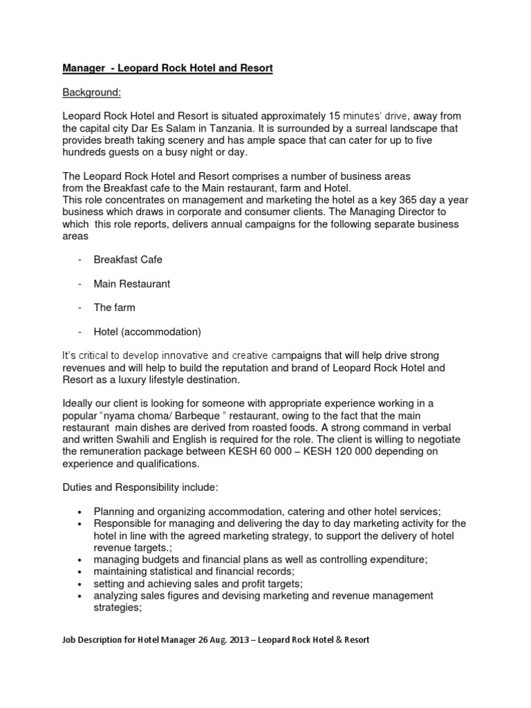 Hotel Manager - Job Description | PDF | Hotel | Restaurants