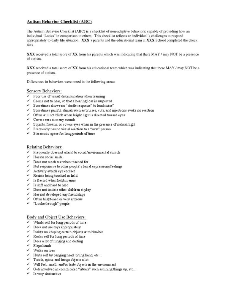 ABC Autism Behavior Checklist | Autism | Stimulus (Physiology)