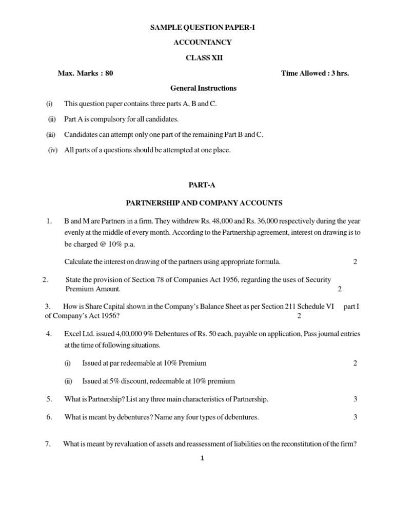 Class 12 Accountancy Solved Sample Paper 1 - 2012 | PDF | Debits And ...