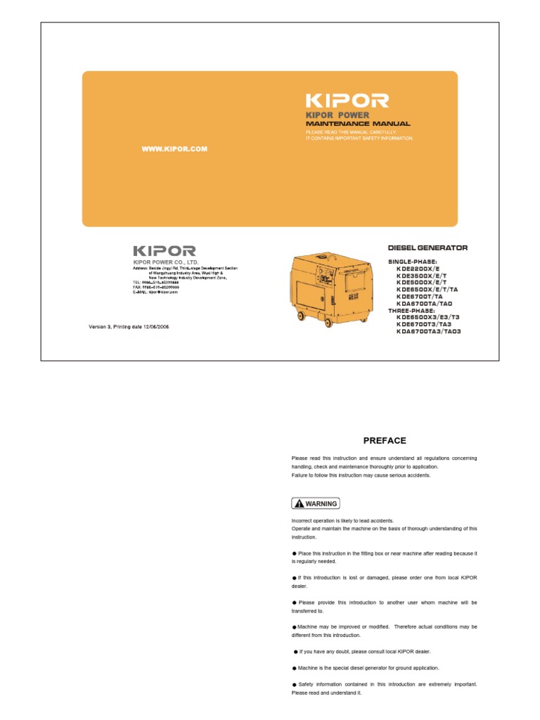 Kipor KDE2200,3500,5000,6500,6700E, X, T, TA Service Manual | PDF ...