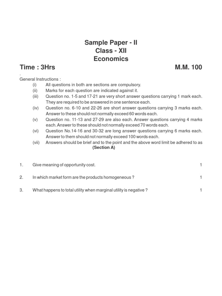 Class 12 Economics Solved Sample Paper 2 - 2012 | Economic Equilibrium ...