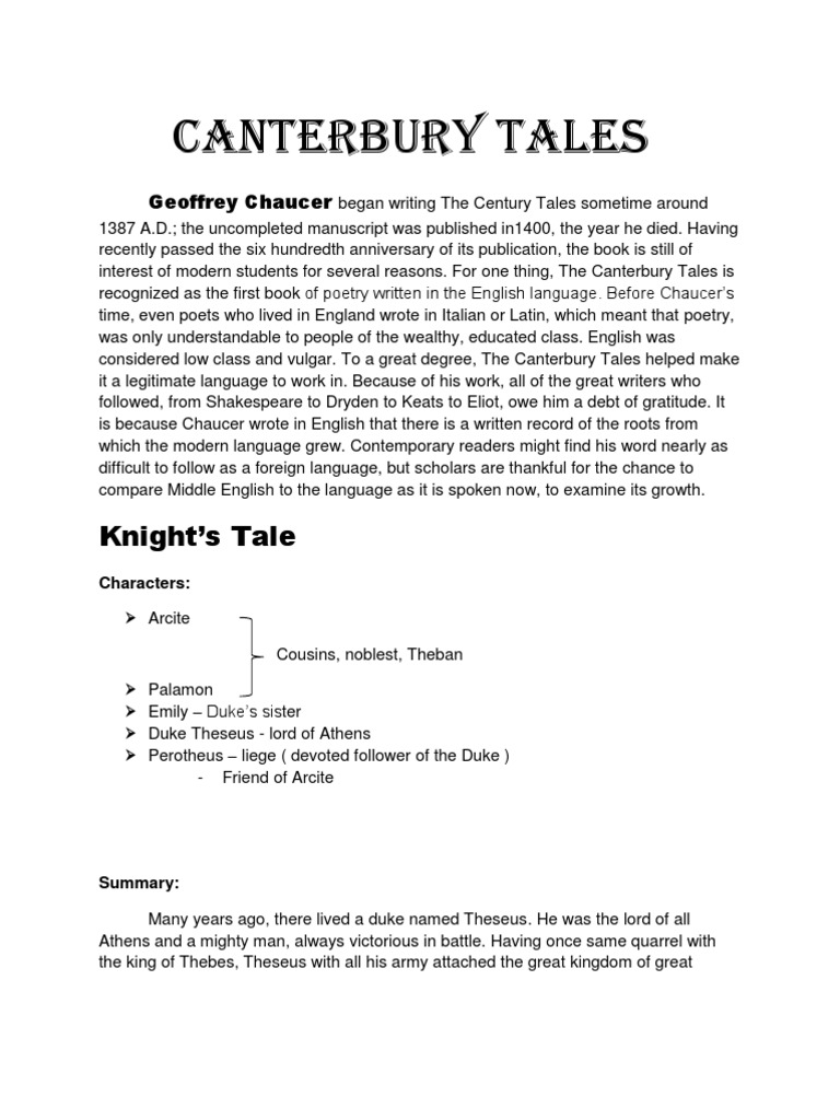 Canterbury Tales: Knight's Tale | PDF | The Canterbury Tales | Geoffrey ...