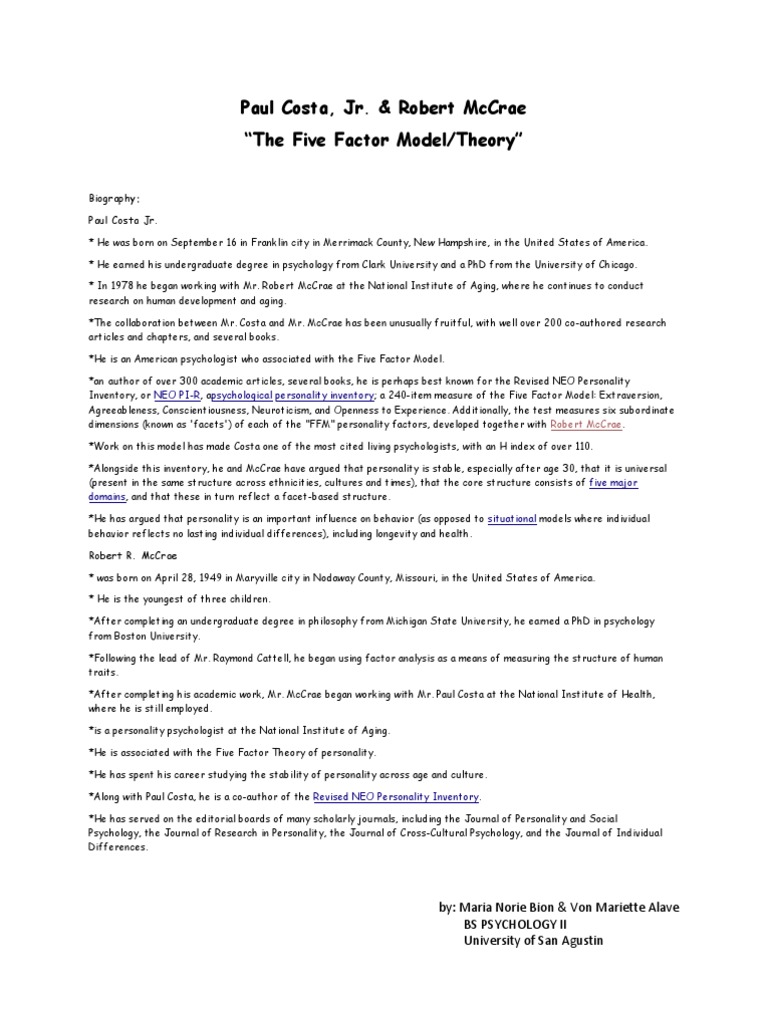McCrae and Costa's Five Factor Theory | PDF | Extraversion And ...