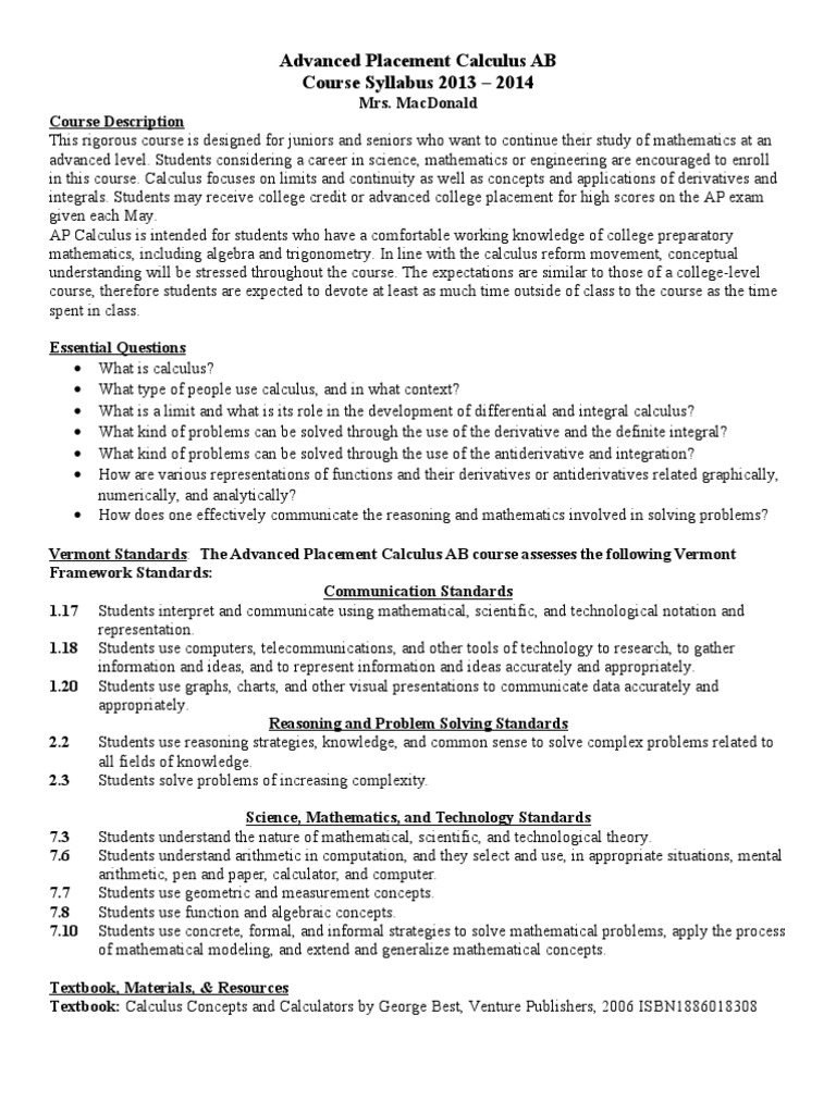 AP Calculus Syllabus 2013-2014 | PDF | Integral | Derivative