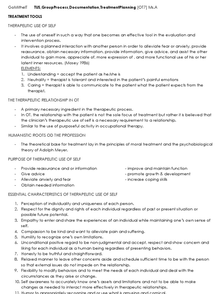 OT7 - Therapeutic Use of Self | PDF | Psychotherapy | Goal