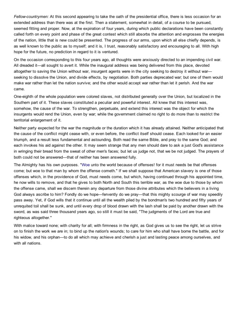 Abraham Lincoln: Second Inaugural Address | PDF | Bible | Religion And ...