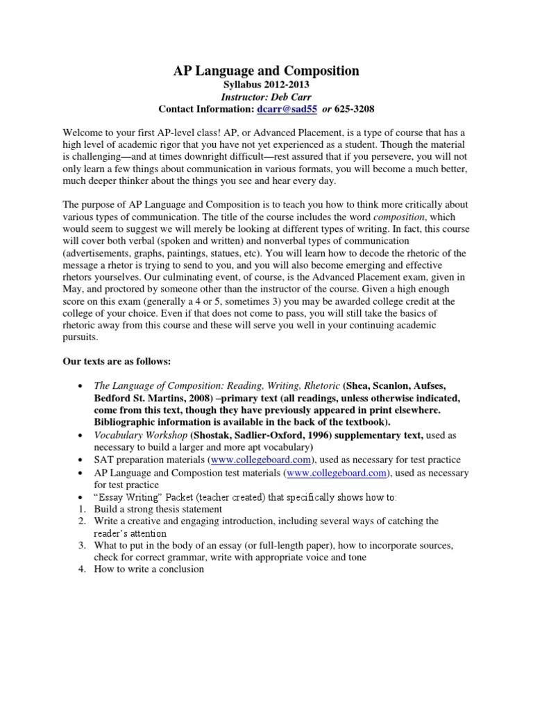 AP Language and Composition Syllabus 12-13 | PDF | Advanced Placement ...