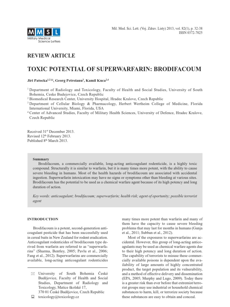 Toxicity of Superwarfarin Brodifacoum | PDF | Toxicology | Medical ...