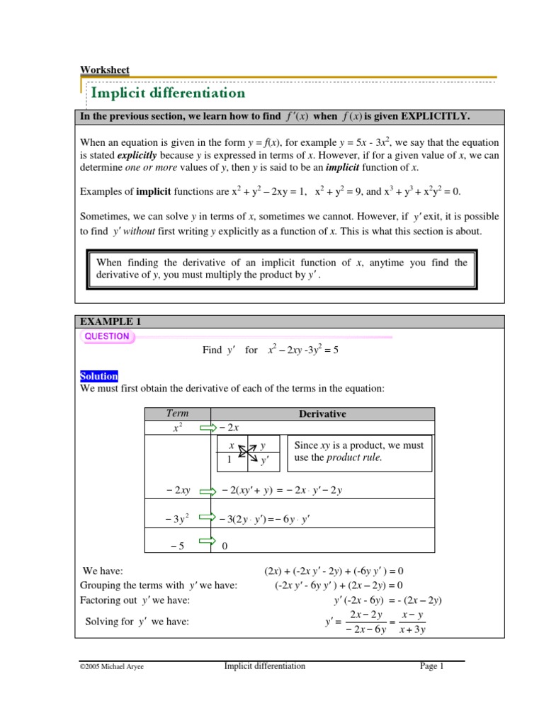 Implicit Differentiation: Worksheet | PDF | Teaching Methods ...