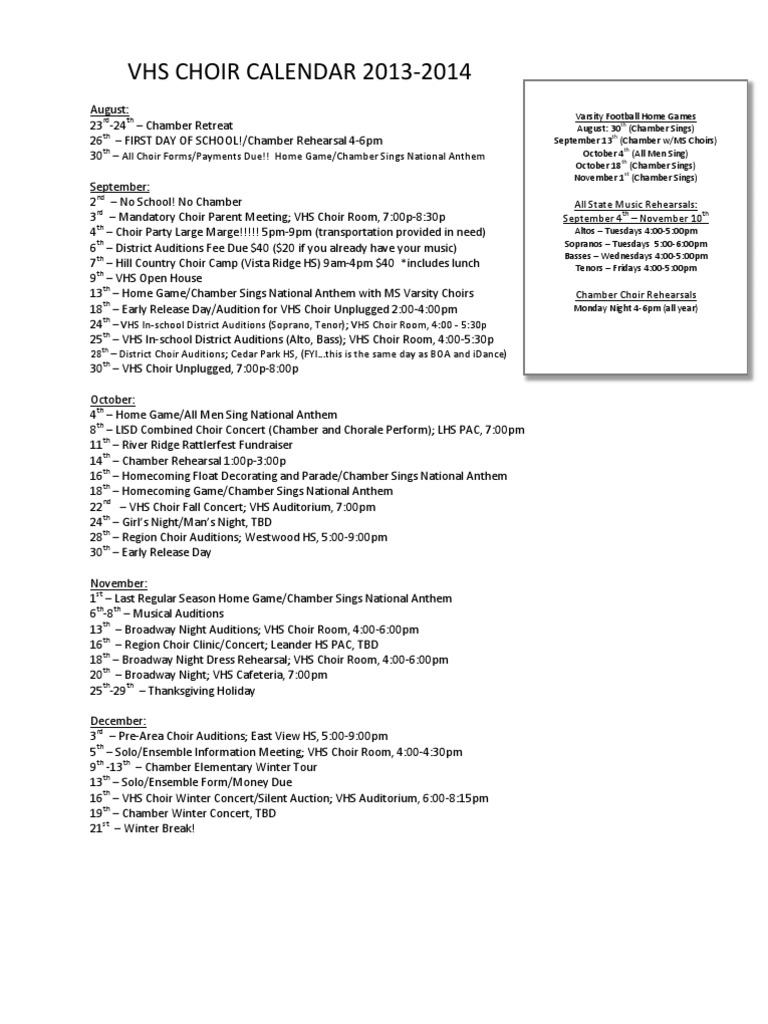 Vhs Choir Calendar 2013-2014: RD TH TH TH | PDF | Choir | Audition