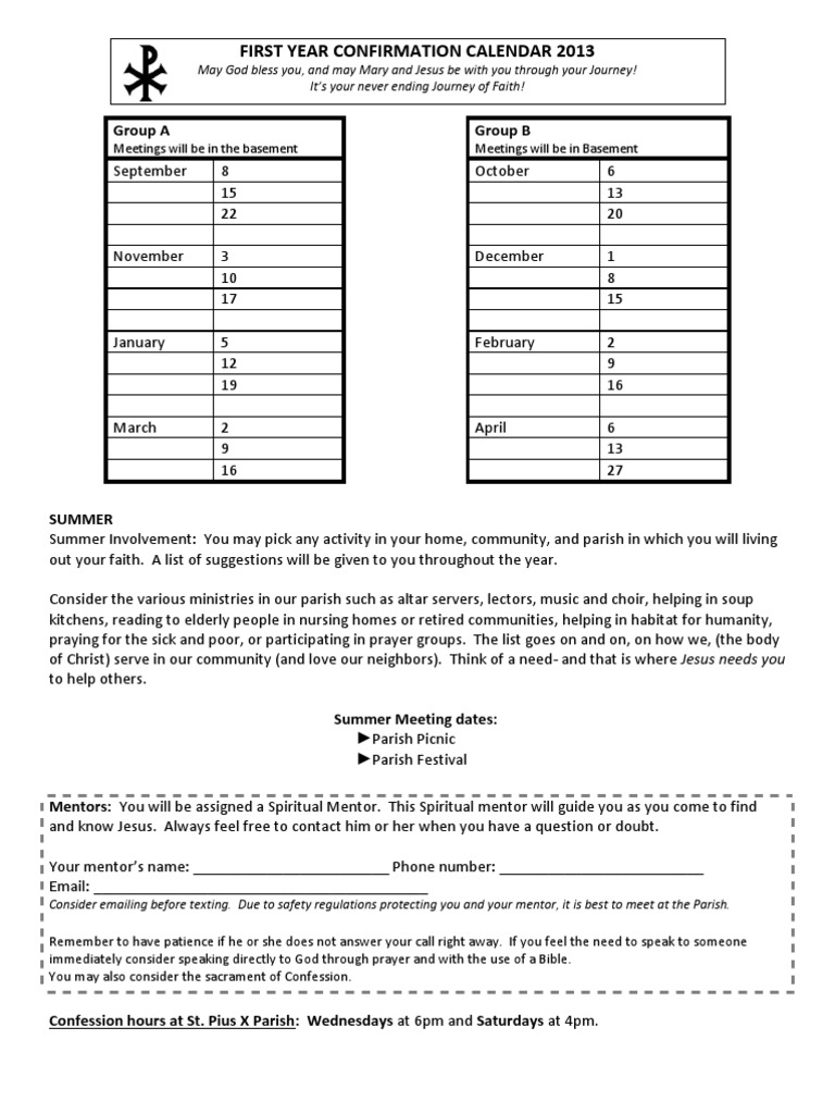 First Year Confirmation Calendar 2013: Group A Group B | Download Free ...