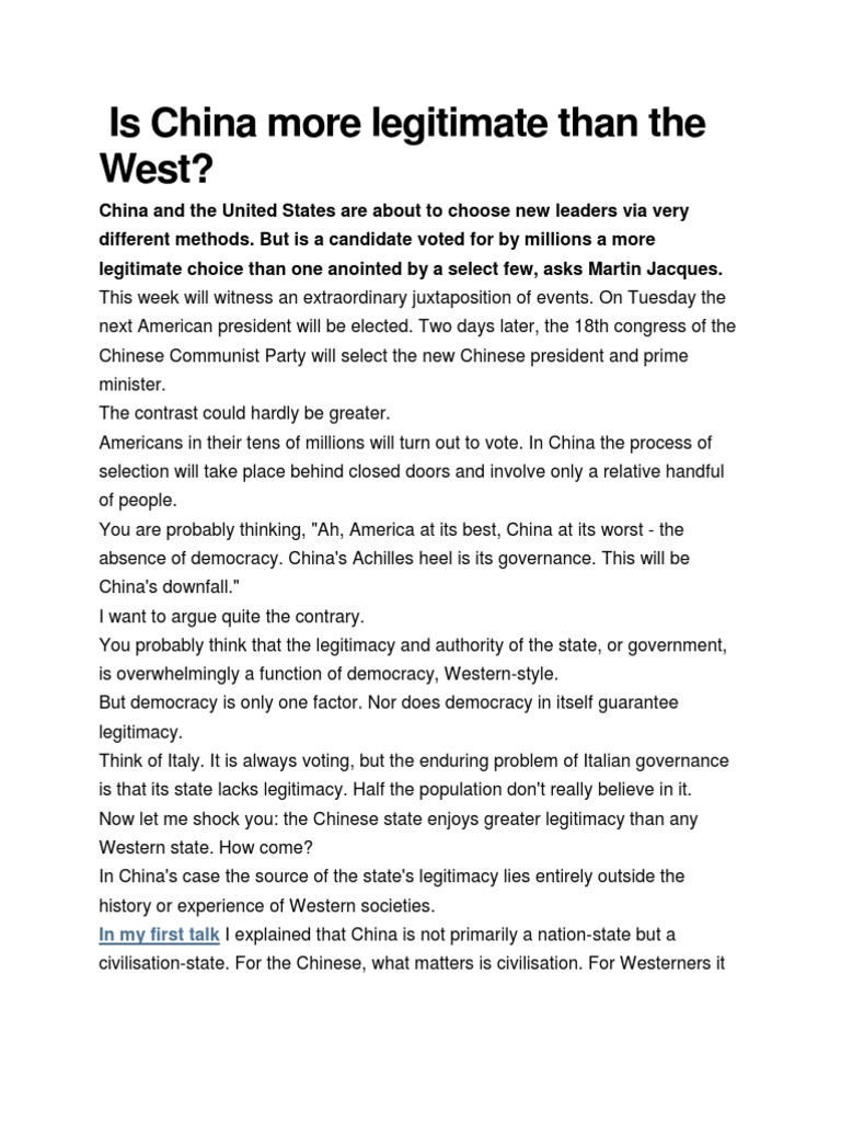 China's Legitimacy vs. Western Democracy | PDF | China | World Politics