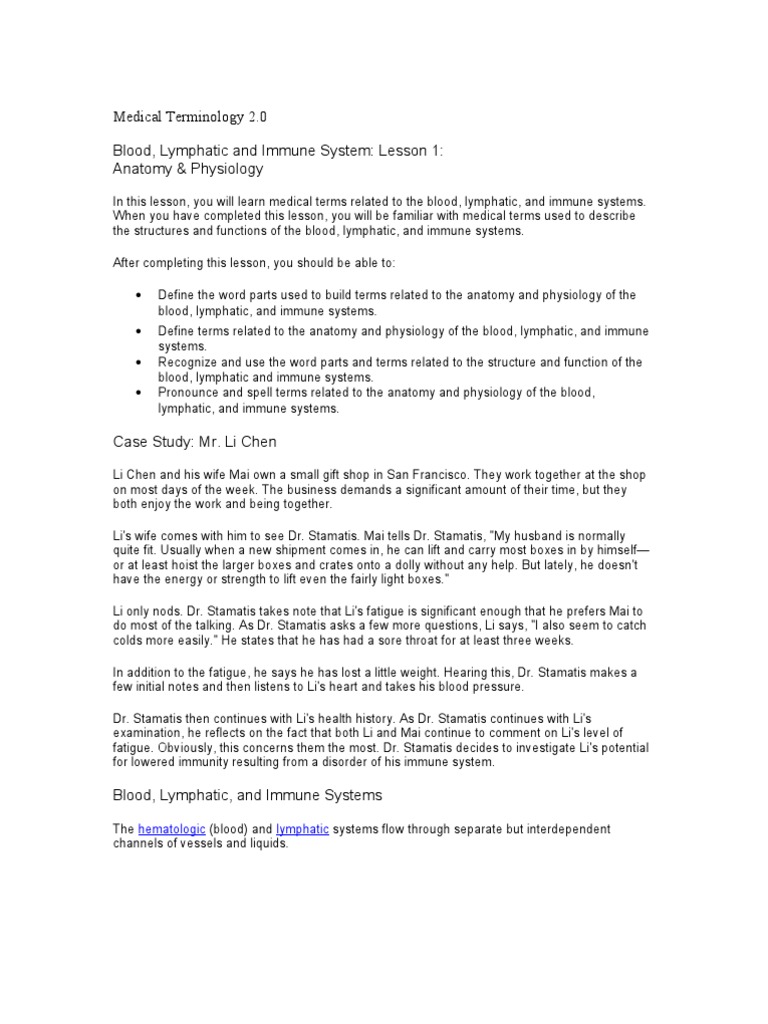 Medical Terminology 2 Blood, Lymphatic, Immune System Lesson 1 | PDF ...