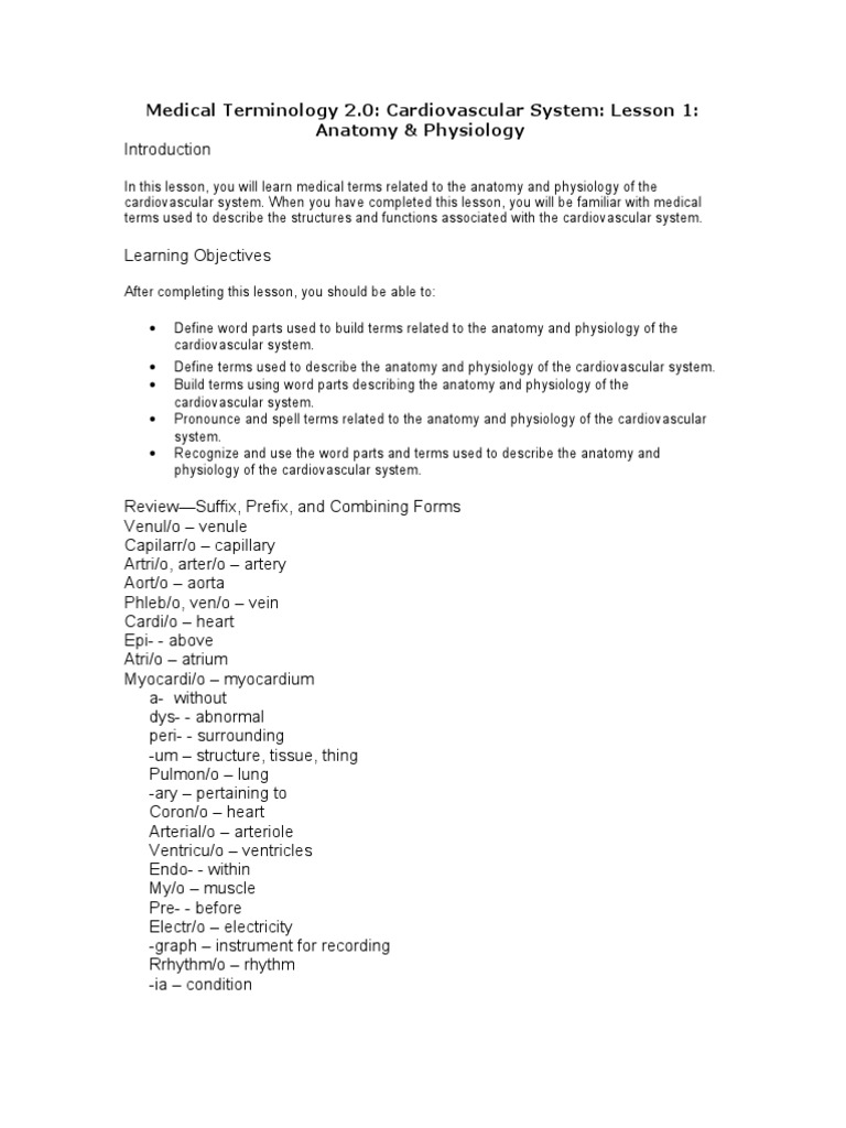 Medical Terminology 2 Cardiovascular System Lesson 1 | PDF | Heart ...
