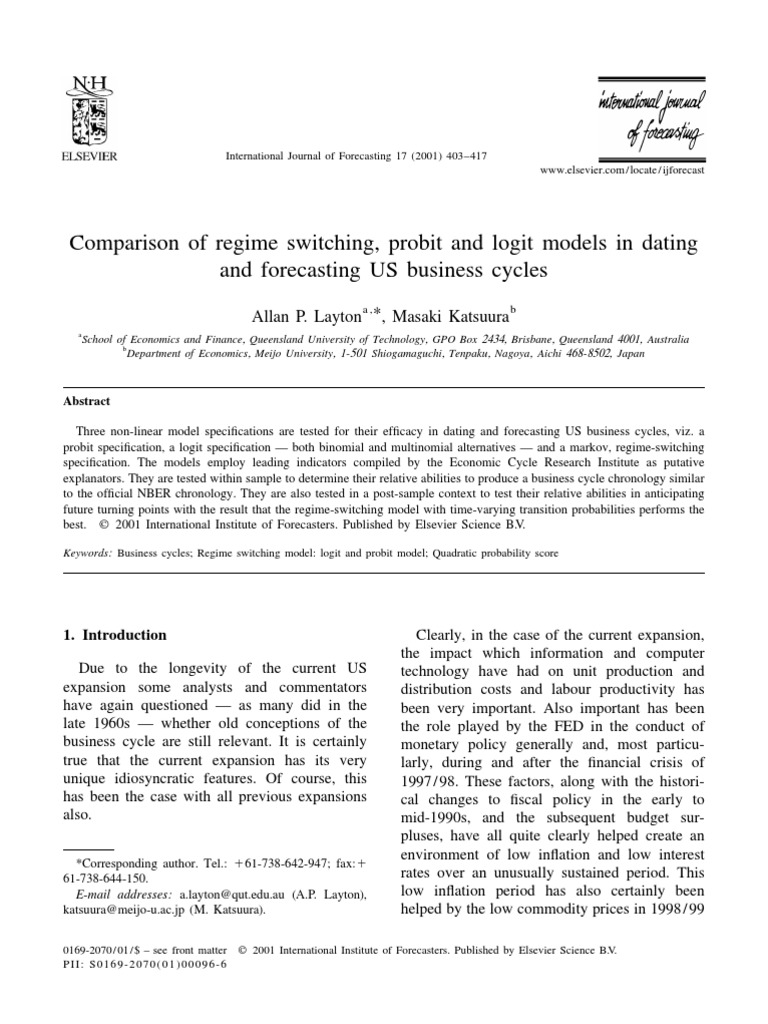 Comparison of Regime Switching, Probit and Logit Models in Dating and Forecasting US Business ...