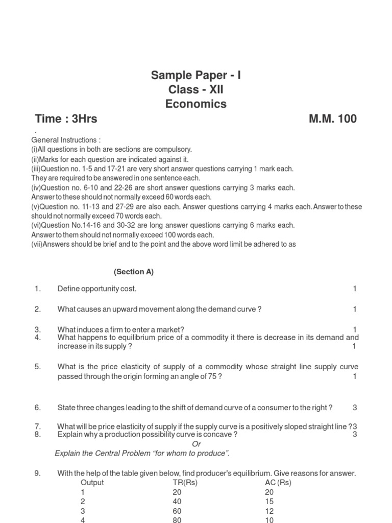CBSE Class 11 Economics Sample Paper-07 | PDF | Economic Equilibrium ...