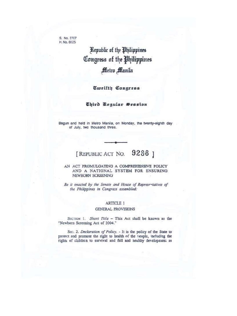 Republic Act No. 9288 Newborn Screening Act of 2004 | PDF