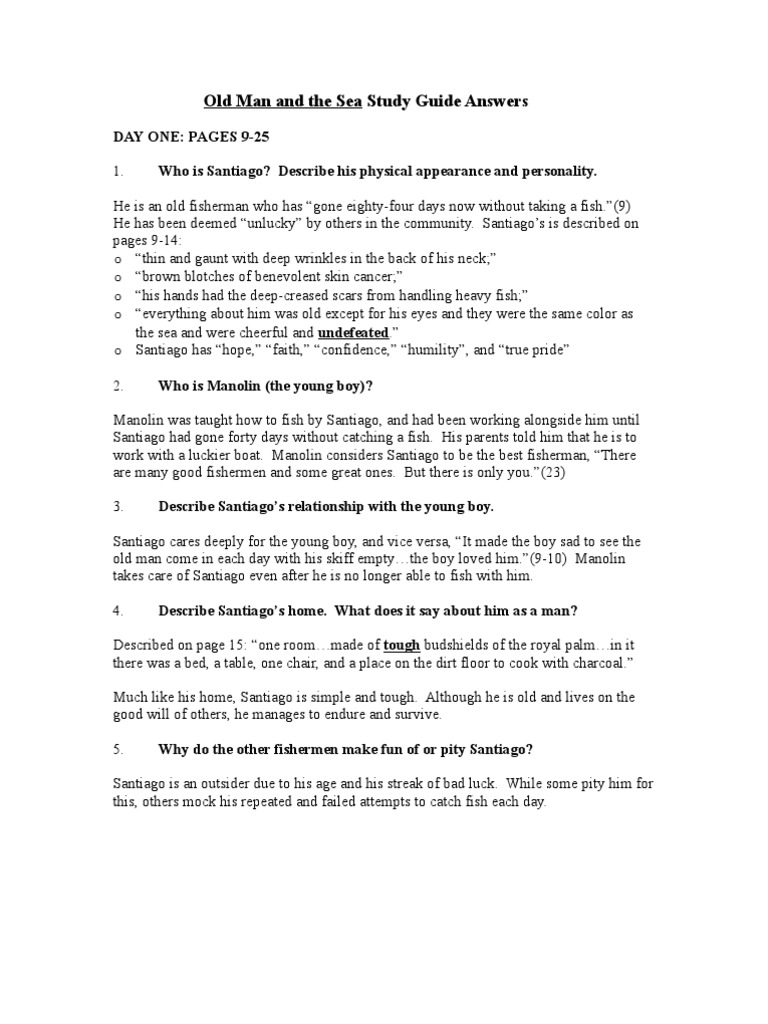 Old Man and the Sea Study Guide Answers | PDF | Fisherman | Sharks