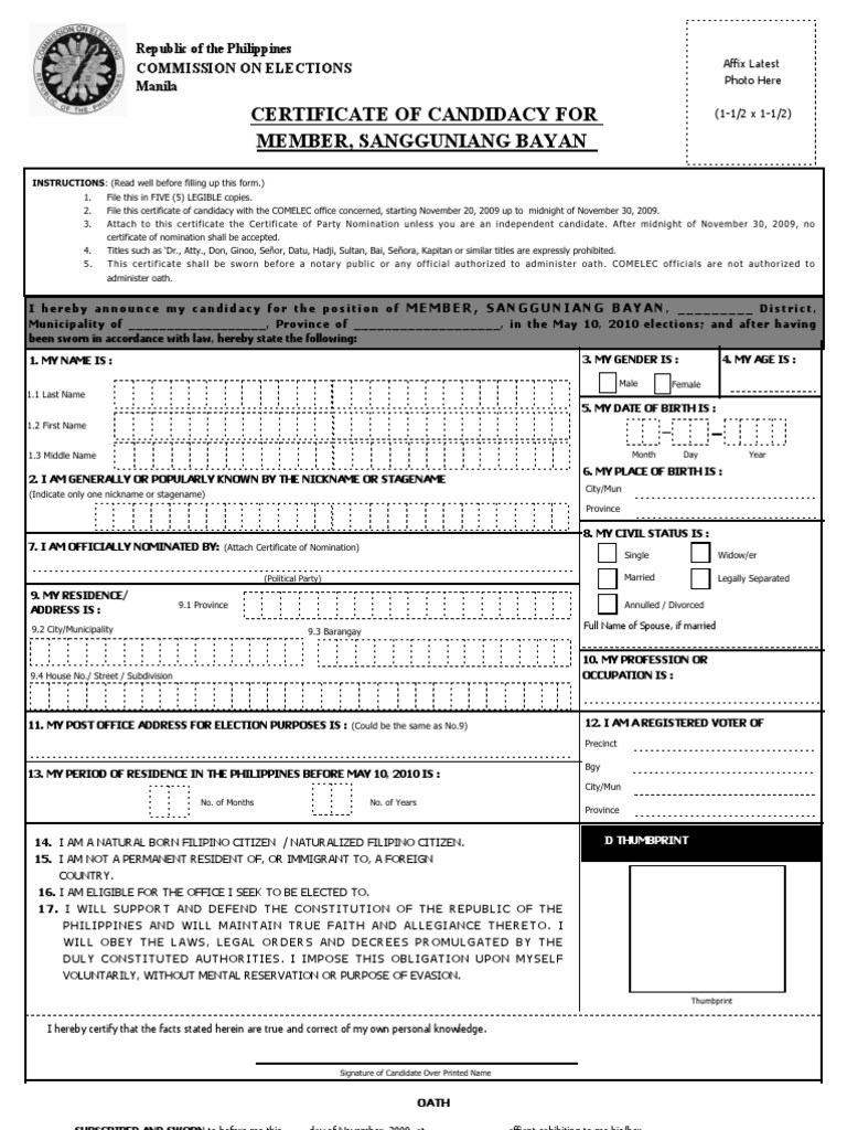 Certificate of Candidacy - Sanguniang Bayan | Download Free PDF | Oath ...