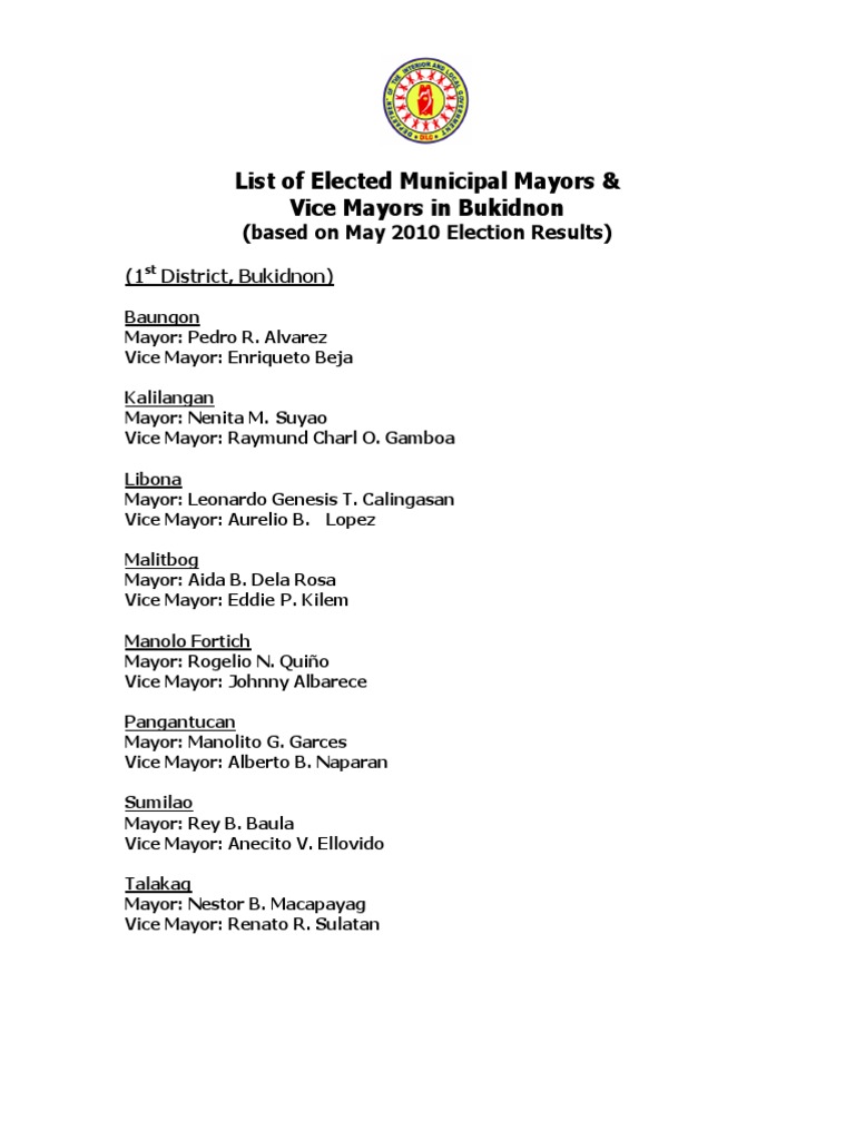 Mayors and Vice Mayors of Bukidnon | PDF
