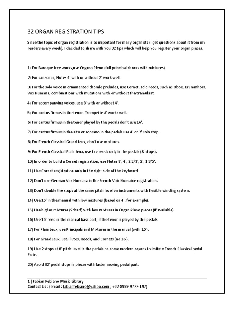 Registration Tips | PDF | Organ (Music) | Musical Instruments