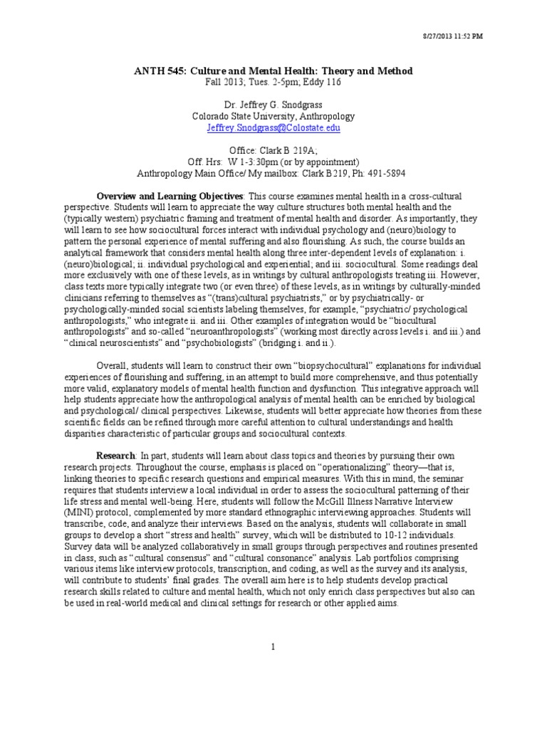 Culture and Mental Health Syllabus | PDF | Anthropology | Psychiatry