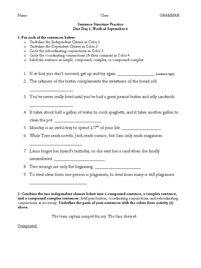 Sentence Structure Practice Worksheet | PDF
