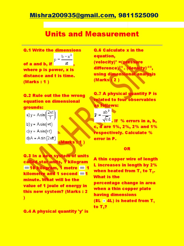 Units and Measurement XL Question Paper | PDF | Science & Mathematics