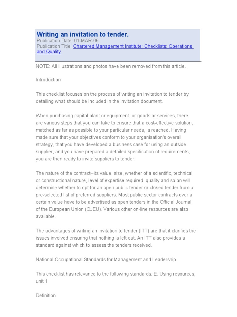 Writing an Invitation to Tender | Request For Proposal | Supply Chain