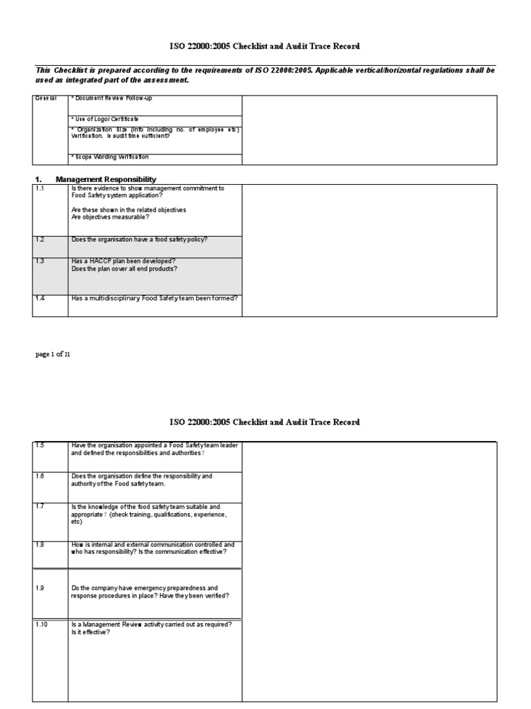 Checklist ISO 22000 | Verification And Validation | Hygiene Checklist ISO 22000 | Verification And Validation | Hygiene