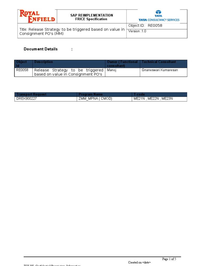 RE FRICE Specification Consignment PO Release Strategy1 | PDF ...