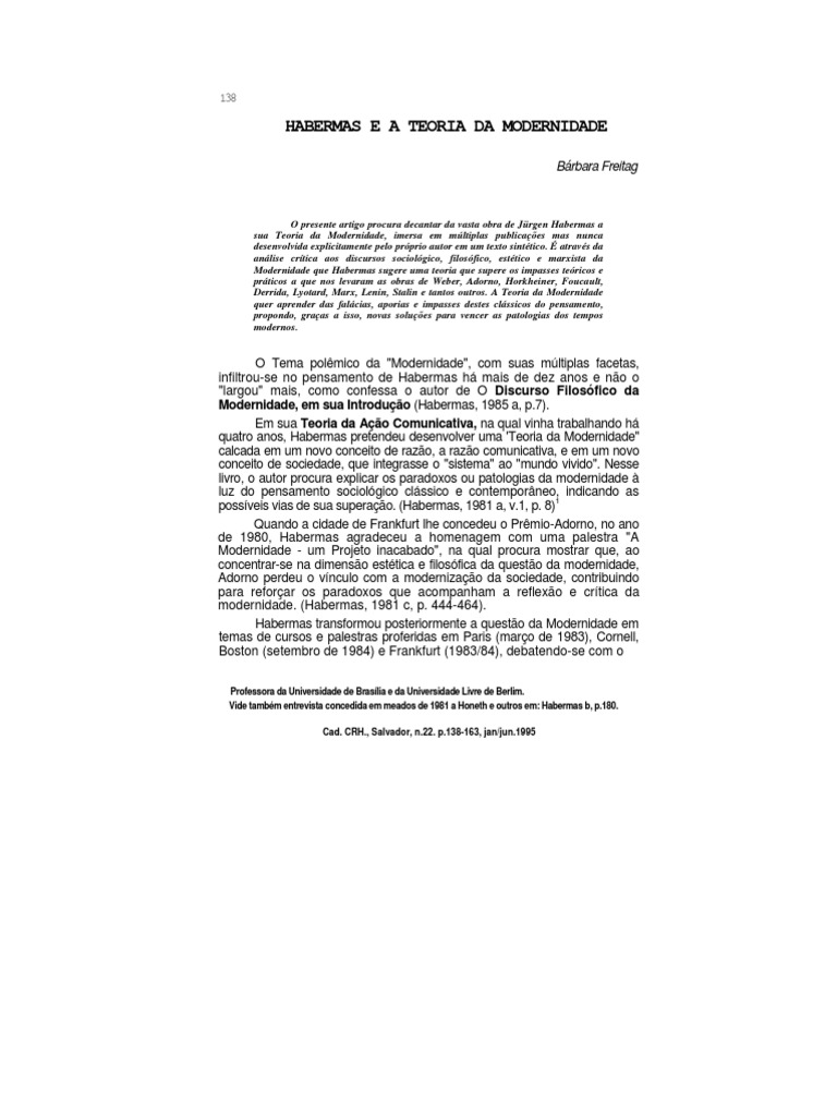 Habermas e A Teoria Da Modernidade | PDF