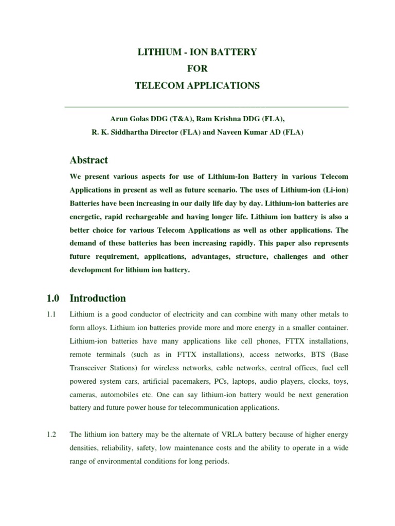 Lithium-Ion Batteries for Telecom Use | PDF | Lithium Ion Battery ...