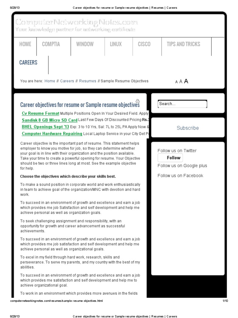 Career Objectives For Resume or Sample Resume Objectives | PDF | Goal ...