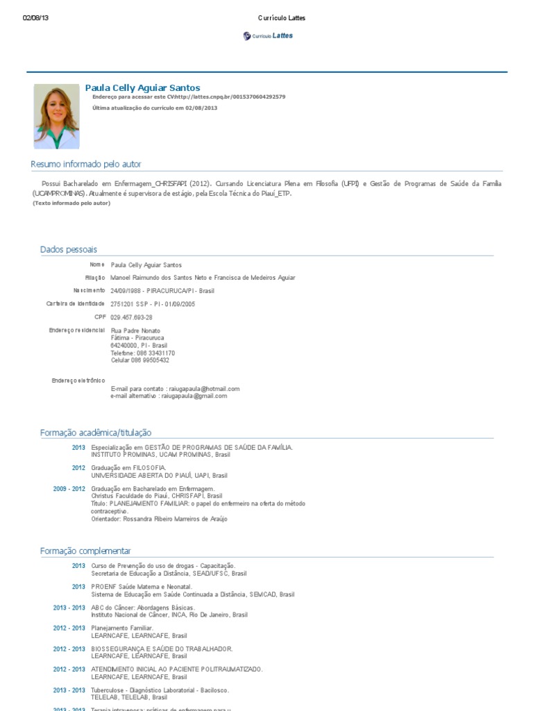 Currículo Lattes | Diploma de Bacharel | Enfermagem