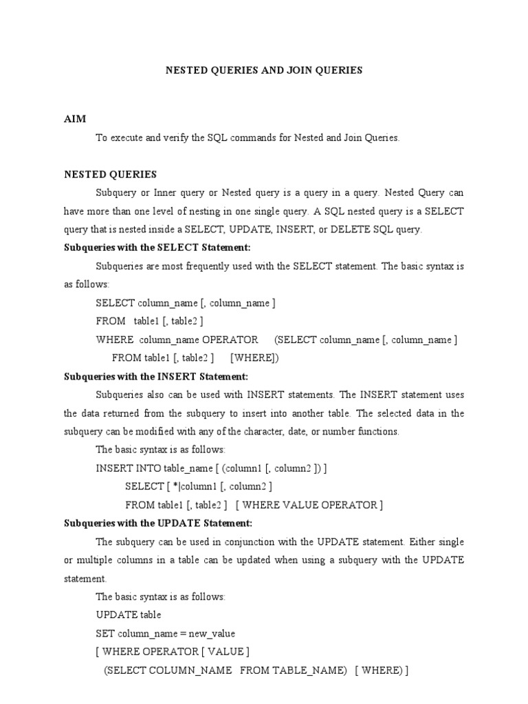 Nested Queries And Join Queries Pdf Sql Data Management Software