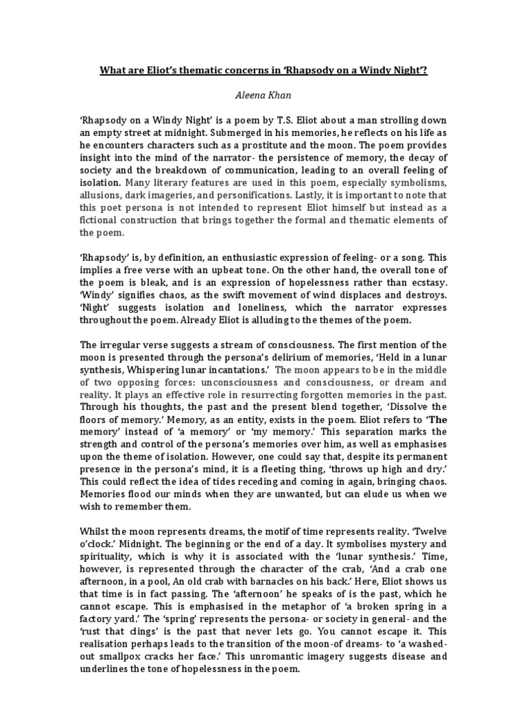 'Rhapsody On A Windy Night' by T.S. Eliot Essay | PDF | T. S. Eliot ...