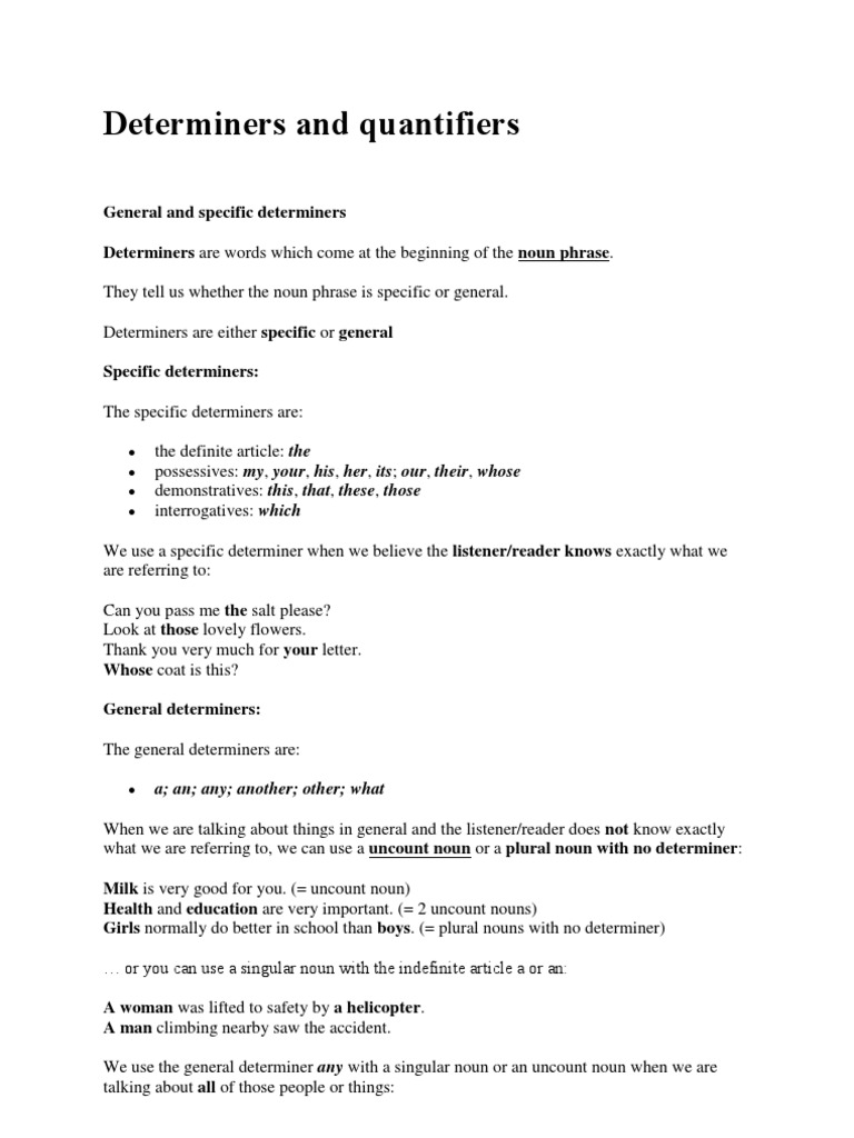 Determiners Determinersand Quantifiers | PDF | Noun | Grammatical Number