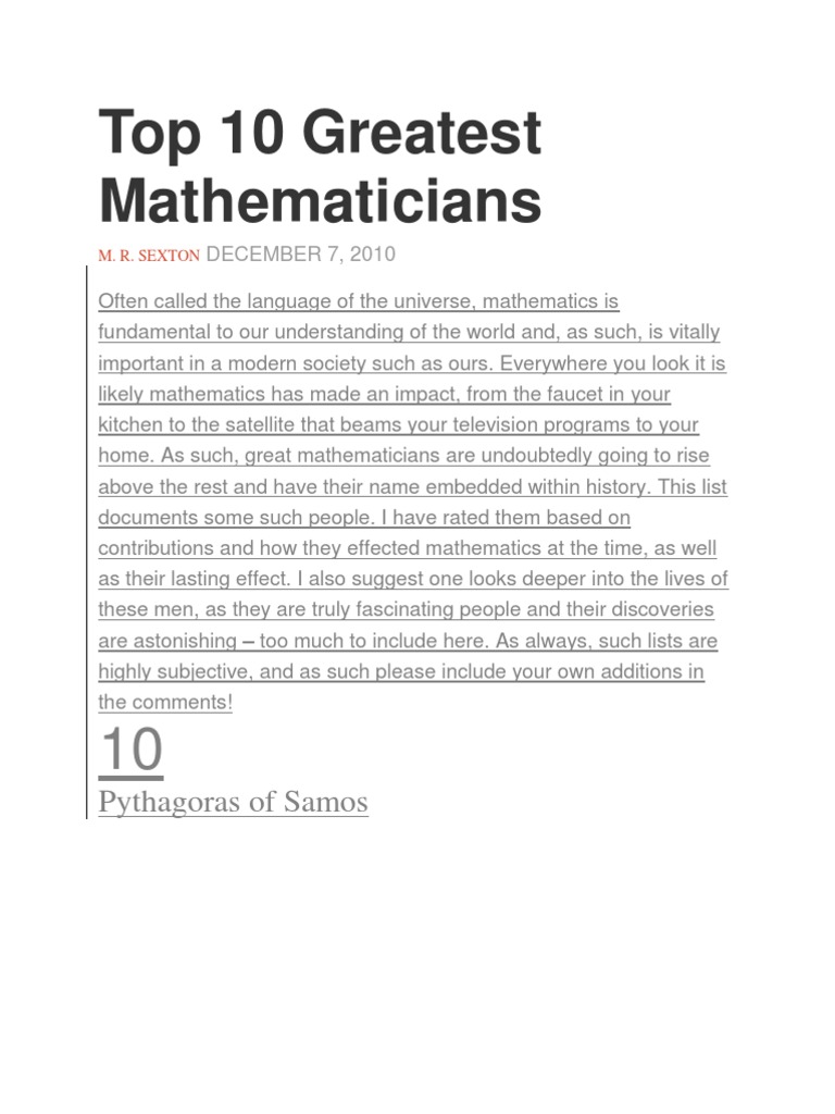 Top 10 Greatest Mathematicians | PDF | Leonhard Euler | Teaching ...