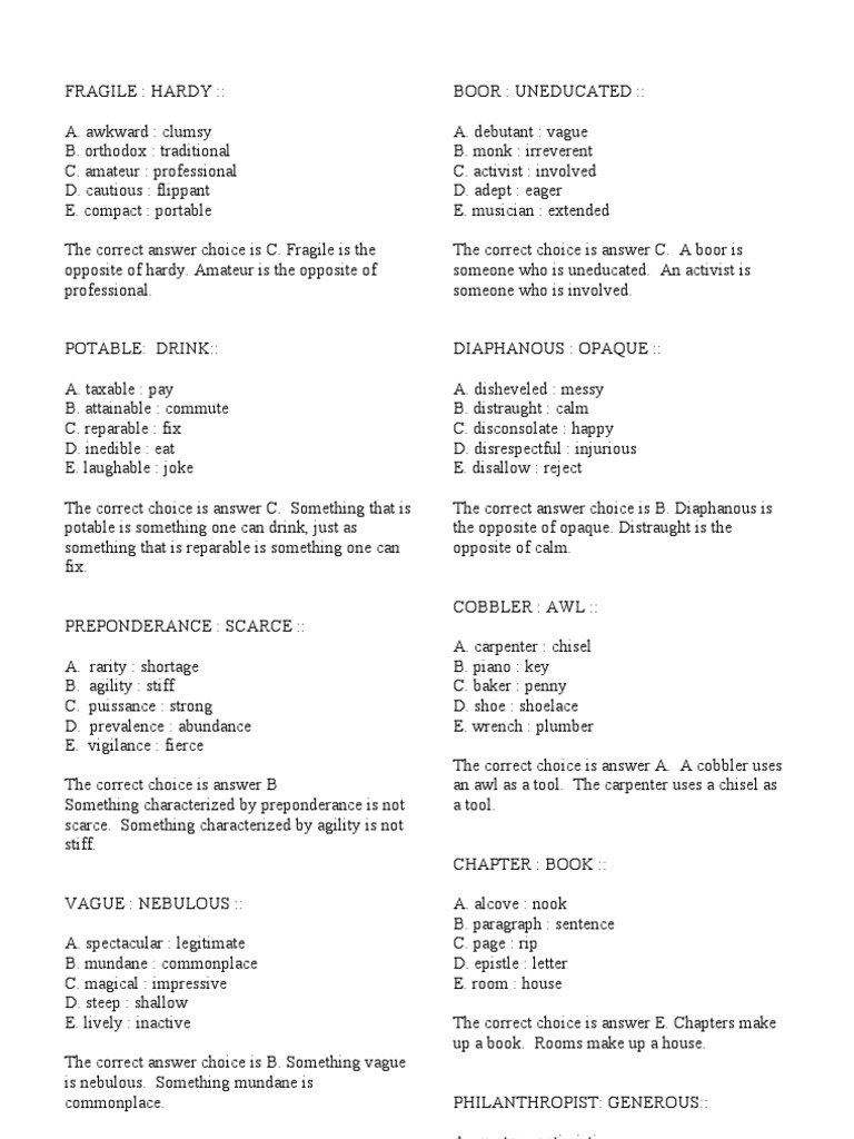 Analogies and Antonym Practice | PDF | Carbon | Glove
