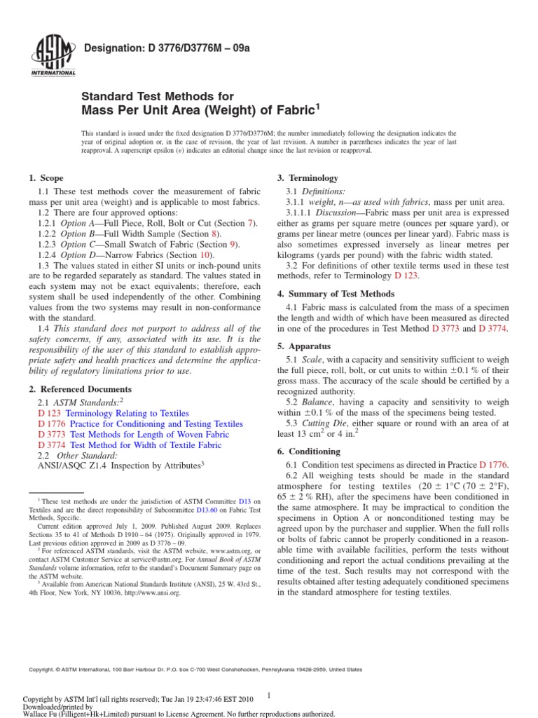ASTM D 3776 Standard Test Method For Mass Per Unit Area (Weight) of ...