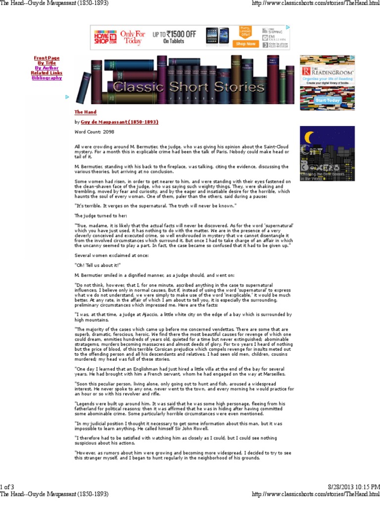 The Hand - Guy de Maupassant (1850-1893) | PDF | Hand | Violence